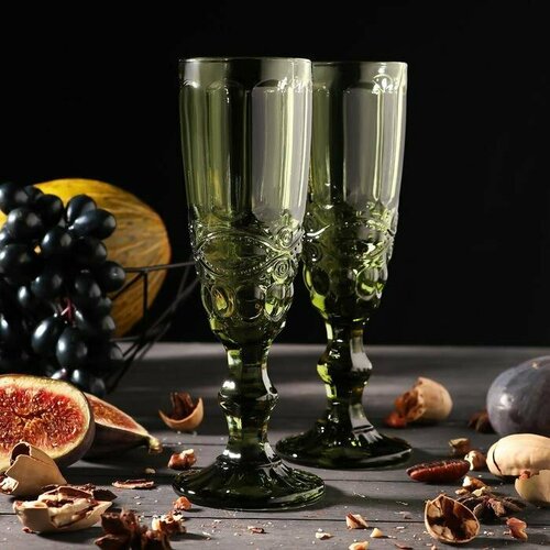 Набор бокалов стеклянных для шампанского Magistro «Ла-Манш», 160 мл, 7×20 см, 2 шт, цвет зелёный (комплект из 3 шт)