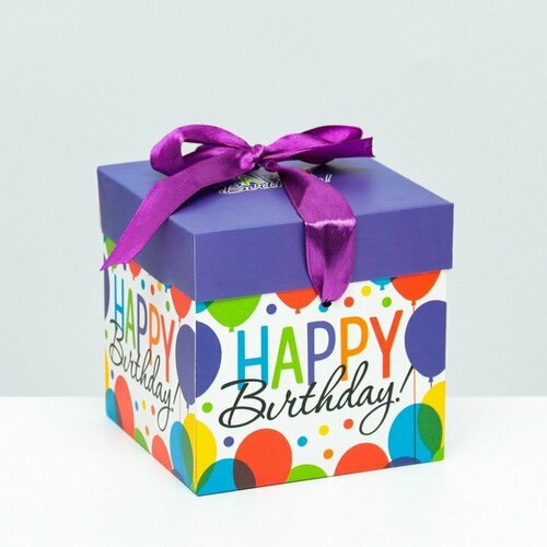 Коробка Самосборная "С днем рождения" фиолетовая 10х10х10 см (комплект из 24 шт)