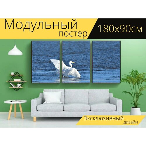 Модульный постер "Цапля, птица, море" 180 x 90 см. для интерьера