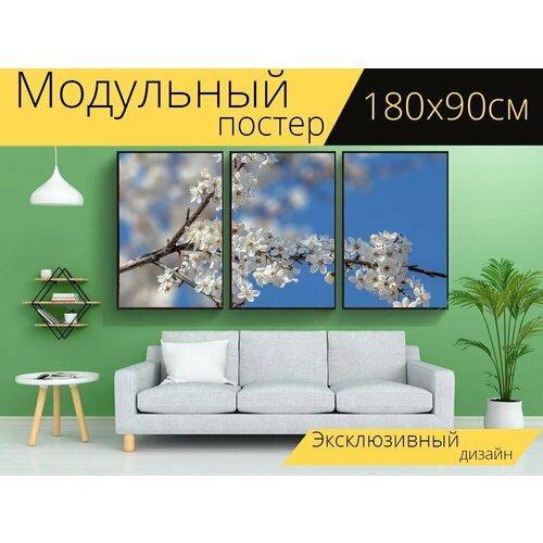 Модульный постер "Цветение вишни, сакура, цветы" 180 x 90 см. для интерьера