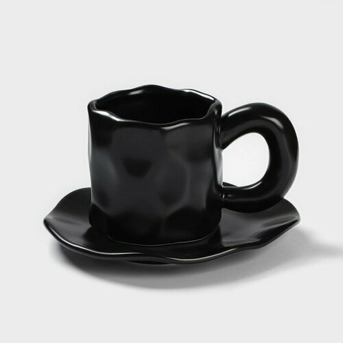 Чайная пара керамическая «Базальт», 2 предмета: кружка 200 мл, блюдце d=14,8 см, цвет чёрный (комплект из 2 шт)