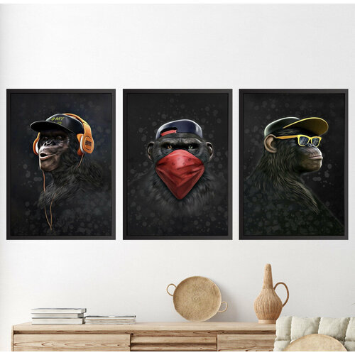 Набор плакатов "Monkey Swag" / Формат А4 / 3 шт. (21x30 см) / Набор интерьерных постеров с черной рамкой