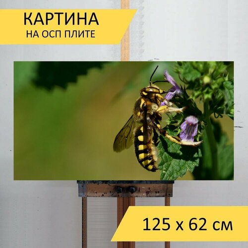 Картина на ОСП 125х62 см. "Пчела, цветы, фиолетовый" горизонтальная, для интерьера, с креплениями