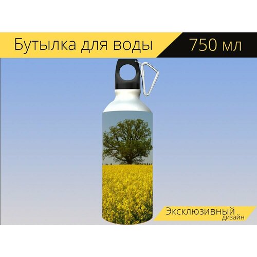 Бутылка фляга для воды "Дерево, поле, пейзаж" 750 мл. с карабином и принтом
