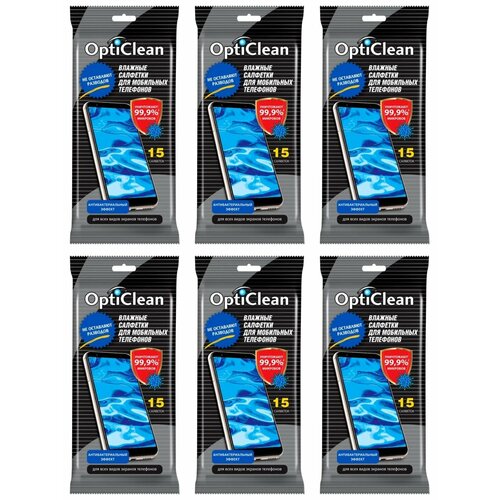 Opti Clean Влажные салфетки для мобильных телефонов, 15 шт/уп, 6 уп