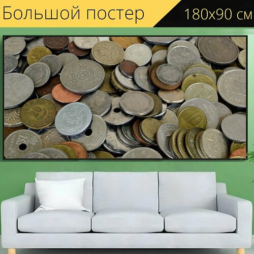 Большой постер "Монеты, деньги, валюта" 180 x 90 см. для интерьера