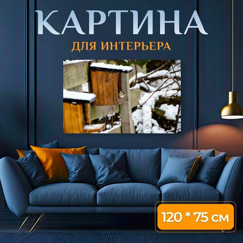 Картина на холсте "Птица, кормушки для птиц, зима" на подрамнике 120х75 см. для интерьера