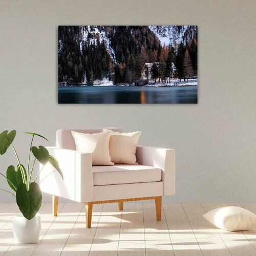 Картина на холсте 60x110 LinxOne "Природа Горы Снег Домик Лес" интерьерная для дома / на стену / на кухню / с подрамником