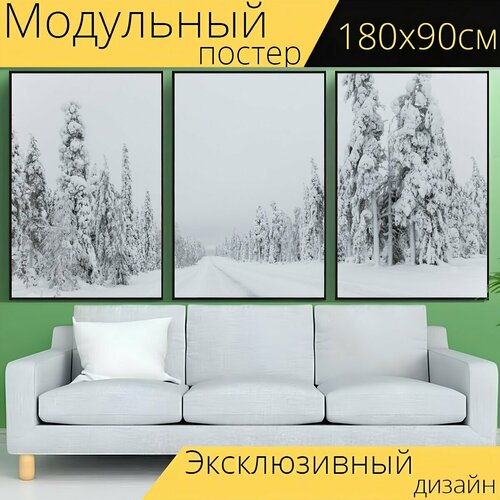 Модульный постер "Снег, зима, полярная ночь" 180 x 90 см. для интерьера