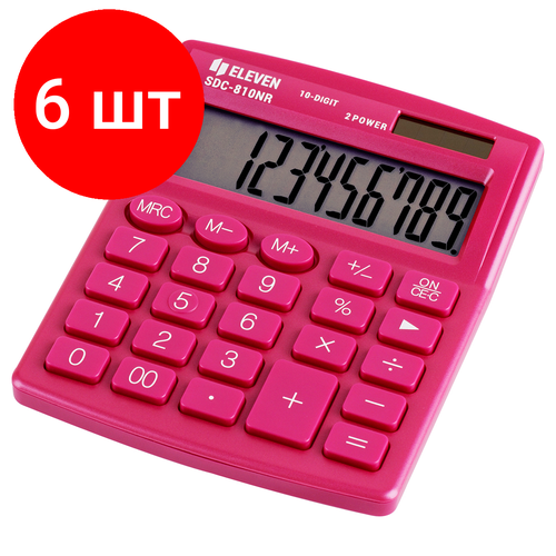Комплект 6 шт, Калькулятор настольный Eleven SDC-810NR-PK, 10 разрядов, двойное питание, 127*105*21мм, розовый