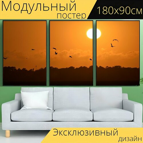 Модульный постер "Заход солнца, флорида, птицы" 180 x 90 см. для интерьера