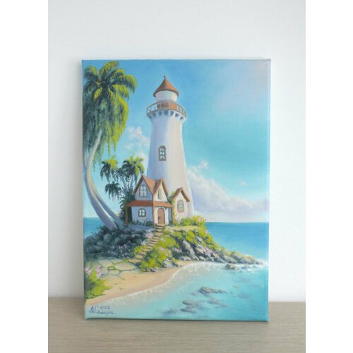 Картина маслом ручной работы "Дом-маяк на тропическом берегу", холст 25х35 см, для интерьера