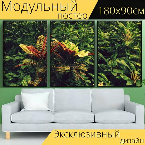 Модульный постер "Джунгли, растения, зеленый" 180 x 90 см. для интерьера
