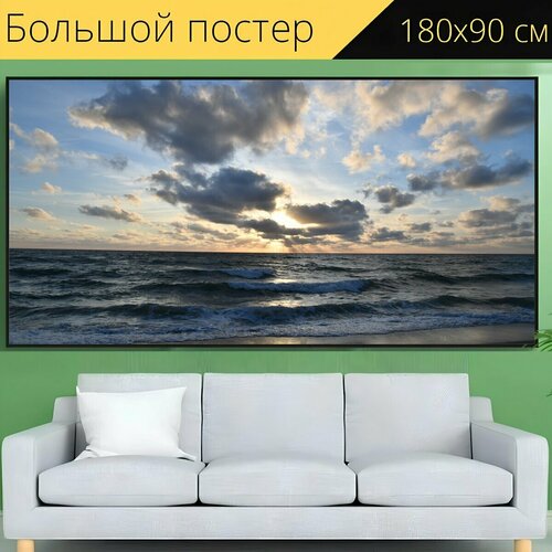 Большой постер "Небеса, морской берег, заход солнца" 180 x 90 см. для интерьера