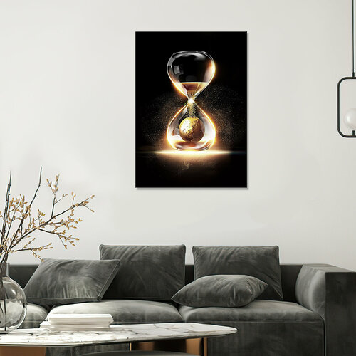 Интерьерная картина на холсте - Золотые песочные часы с планетой на чёрном фоне 30х40