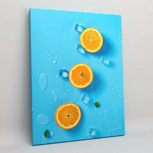 Картина на холсте (интерьерный постер) "Апельсины на голубом фоне" для кухни, кафе и ресторанов, с деревянным подрамником, размер 45x60 см