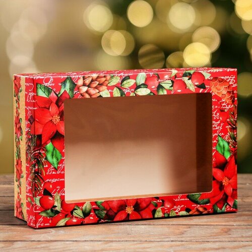Коробка складная, крышка-дно , с окном "Новогодние чудеса" 30 х 20 х 9 см