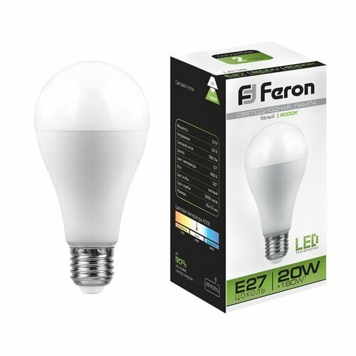 Лампа светодиодная FERON LB-98, A65, E27, 20 Вт, 230 В, 4000 К, 1800 Лм, 220°, 135 х 65 мм