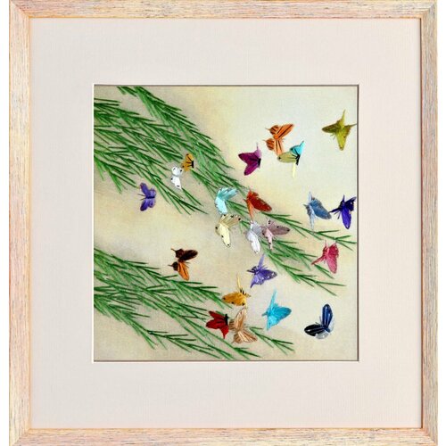 Картина на холсте для интерьера Бабочки ручной работы в багете, вышивка шелком (42х42х3 см) с паспарту