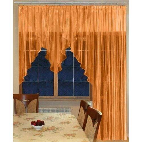 Тюль для окна с балконом на кухню и комнату на ленте ТРИО-1 цвет оранжевый шир. 300 см выс. 220 см