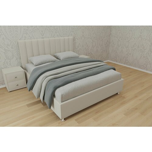 Двуспальная кровать Челси 140x200 основание металлическое с ламелями велюр бежевый ножки 13 см хром