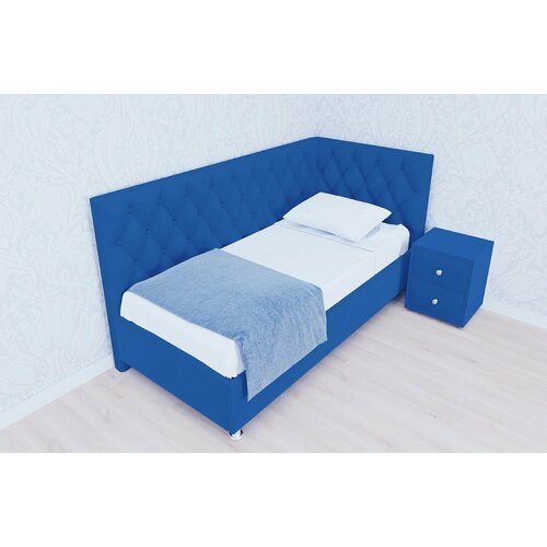 Двуспальная кровать Версаль Угловая 180x200 основание металлическое с ламелями велюр синий ножки 13 см хром угол левый