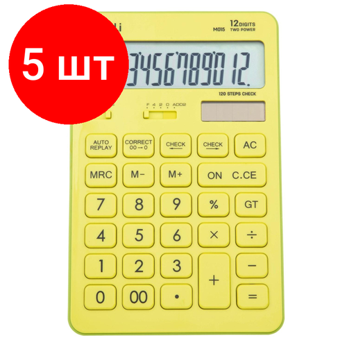 Комплект 5 штук, Калькулятор настольный полноразм. Deli EM01551, 12-р, дв. пит,175х108мм, желт