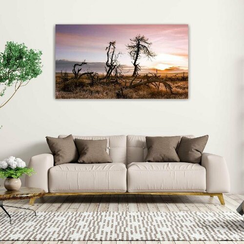 Картина на холсте 60x110 LinxOne "Поле дерево осень трава закат" интерьерная для дома / на стену / на кухню / с подрамником