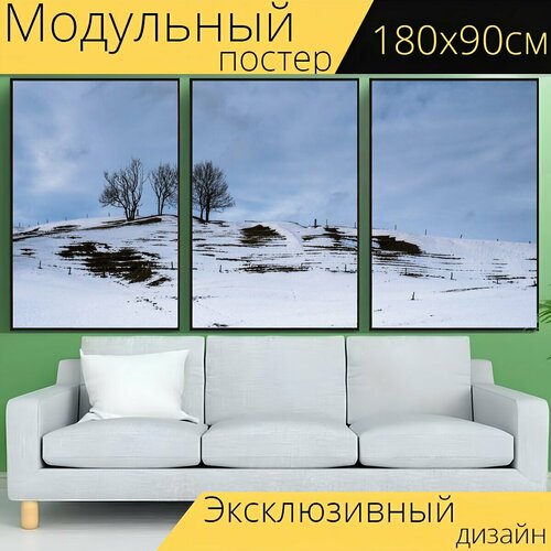 Модульный постер "Пейзаж, снежный пейзаж, снег расплава" 180 x 90 см. для интерьера