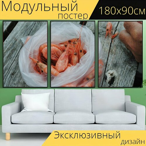 Модульный постер "Креветки, рыбак, еда" 180 x 90 см. для интерьера