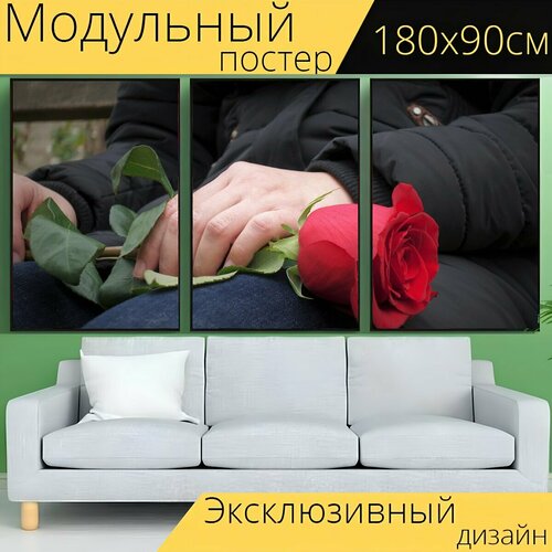 Модульный постер "Красная роза в руке девушки, романтичный, любовь" 180 x 90 см. для интерьера