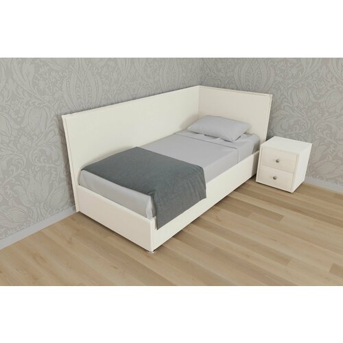 Односпальная кровать Сеул 90x200 основание металлическое с ламелями велюр белый ножки 5 см угол левый