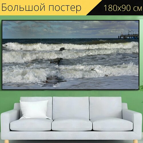 Большой постер "Балтийское море, буря, пляж" 180 x 90 см. для интерьера