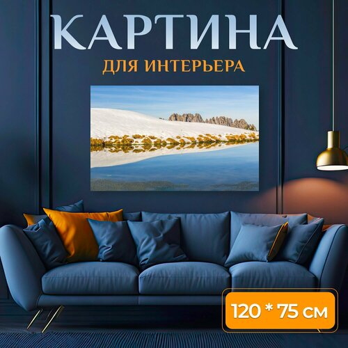 Картина на холсте "Пейзаж, озеро, горы" на подрамнике 120х75 см. для интерьера