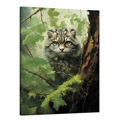 Интерьерная картина 50х70 "Манул: встреча с таинственным обитателем сибирских лесов"