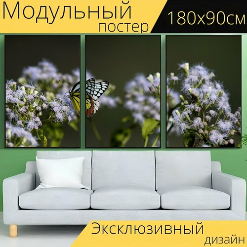 Модульный постер "Бабочка, цветы, полевые цветы" 180 x 90 см. для интерьера