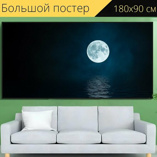 Большой постер "Месяц, отражение, ночь" 180 x 90 см. для интерьера