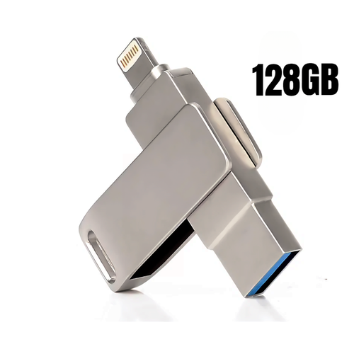 Флешка для айфона 128GB / 2в1, USB Lightning - USB 3.0 / для iPhone, iPad, iPod / металлическая