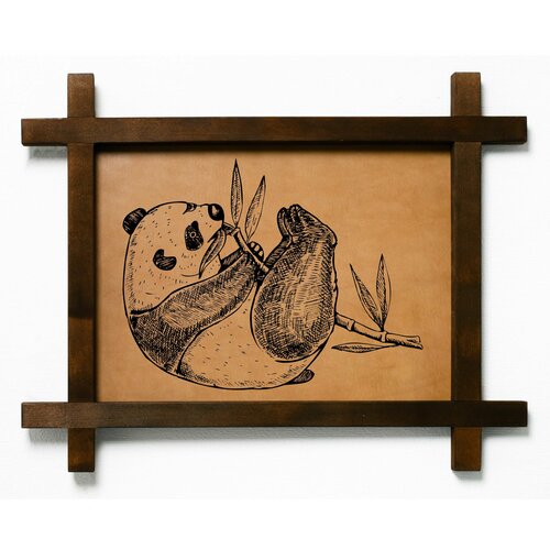 Картина Панда, гравировка на натуральной коже, интерьерная для украшения и декора на стену в деревянной раме, подарок, BoomGift