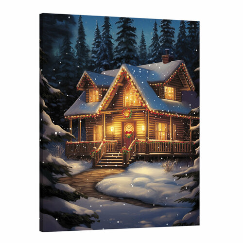 Интерьерная картина 50х70 "Праздничный домик в зимнем лесу"