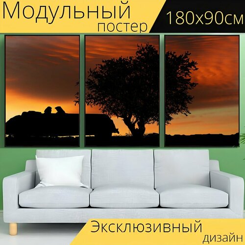 Модульный постер "Заход солнца, автомобиль, дерево" 180 x 90 см. для интерьера
