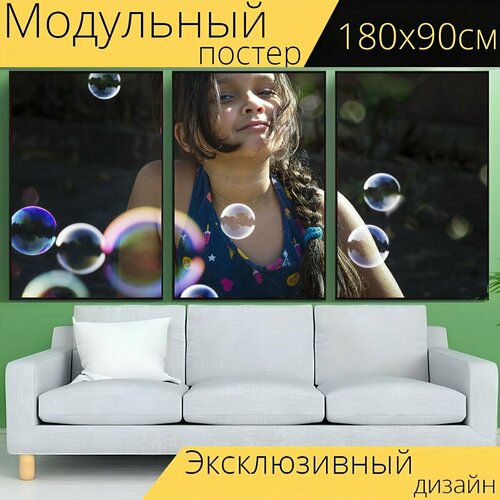 Модульный постер "Девочка, мыльный шар, пузырь" 180 x 90 см. для интерьера