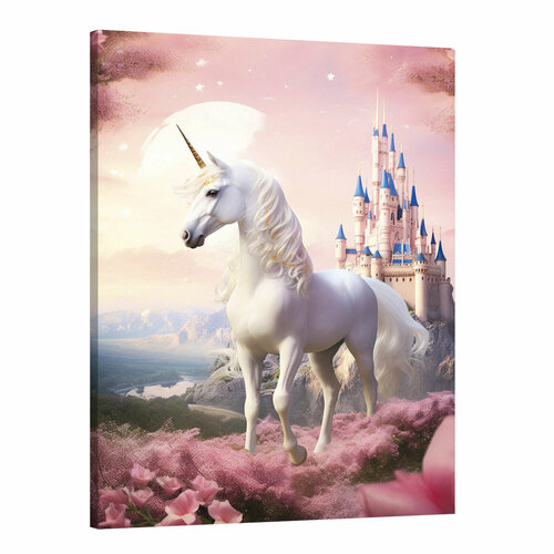 Интерьерная картина 50х70 "Единорог и сказочный замок"
