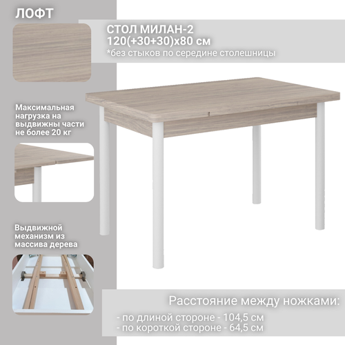 Стол кухонный Милан-2 лофт, опоры металлические белые ДхШ: 120(180)х80х75 см