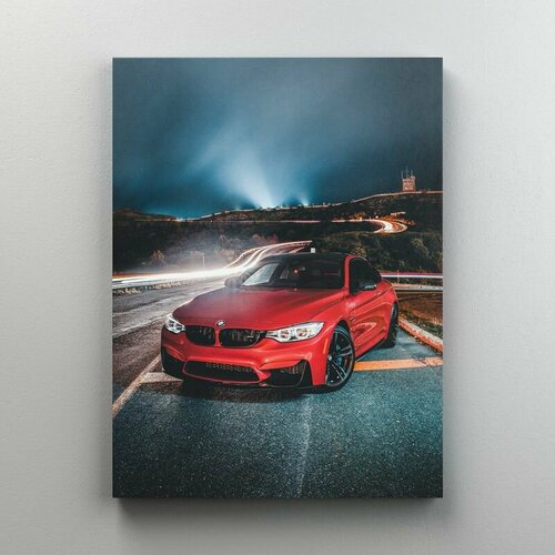 Интерьерная картина на холсте "Красный BMW M4 - автомобиль ночью" размер 30x40 см