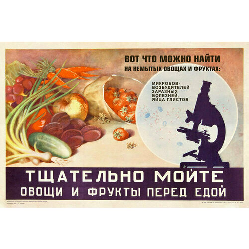 Плакат, постер на холсте СССР/ Тщательно мойте овощи и фрукты перед едой. Размер 30 х 42 см