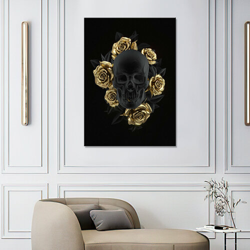 Картина интерьерная-Чёрный череп в золотых розах 20х30