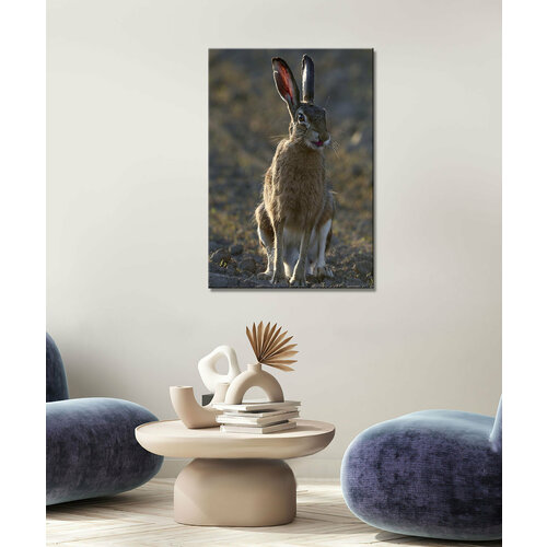 Картина - Заяц, зайцы, зайчонок, зайка, ушастый заяц, пушистый заяц, заяц в лесу, шустрый заяц (27) 40х60