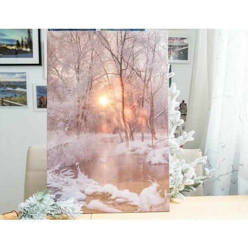 Светящаяся картина морозный восход, тёплые белые LED-огни, 40х60 см, батарейки, Peha Magic