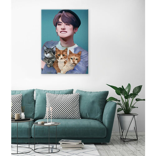 Картина на холсте для интерьера на стену - Ли Минхо и котята Stray Kids 30х40